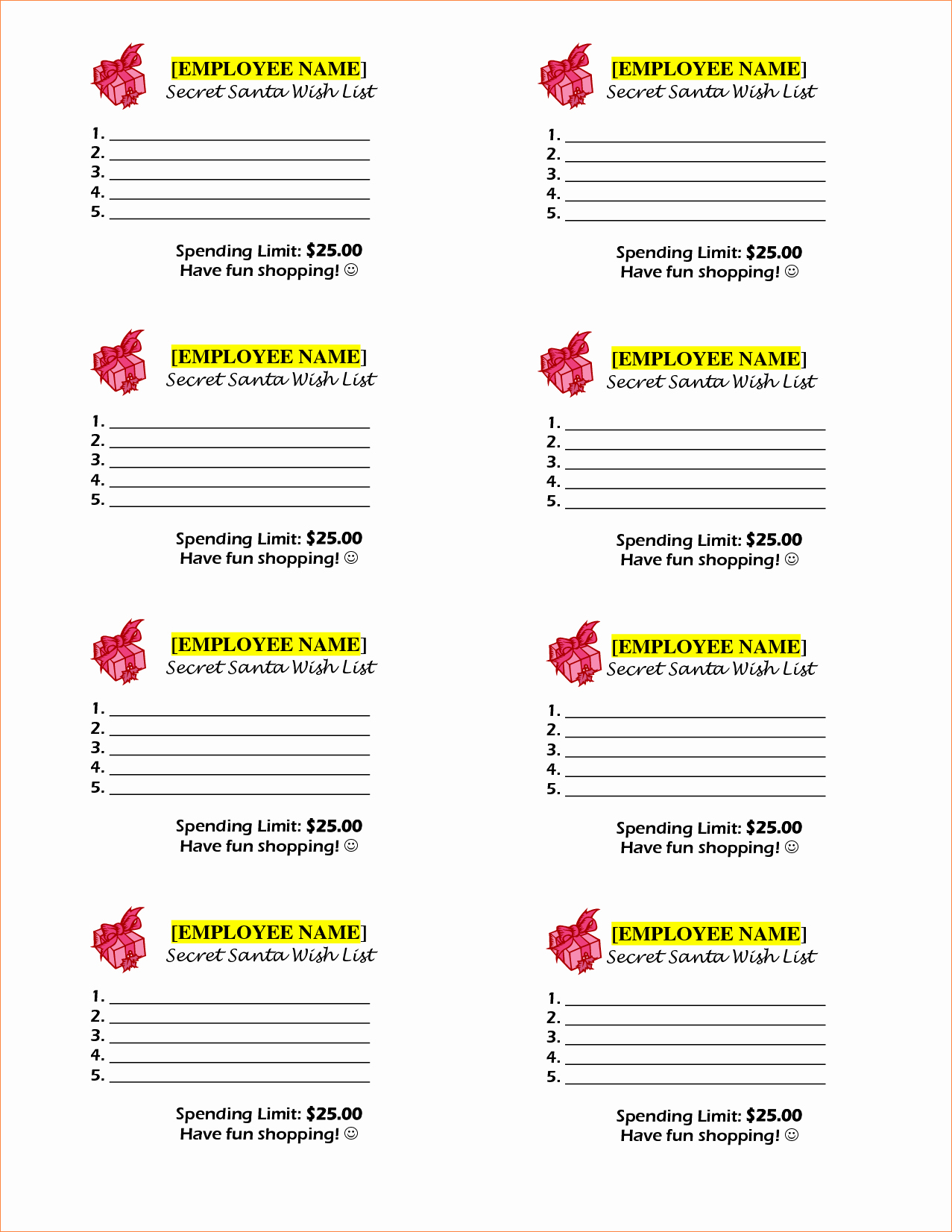 Gift Exchange Wish List Template