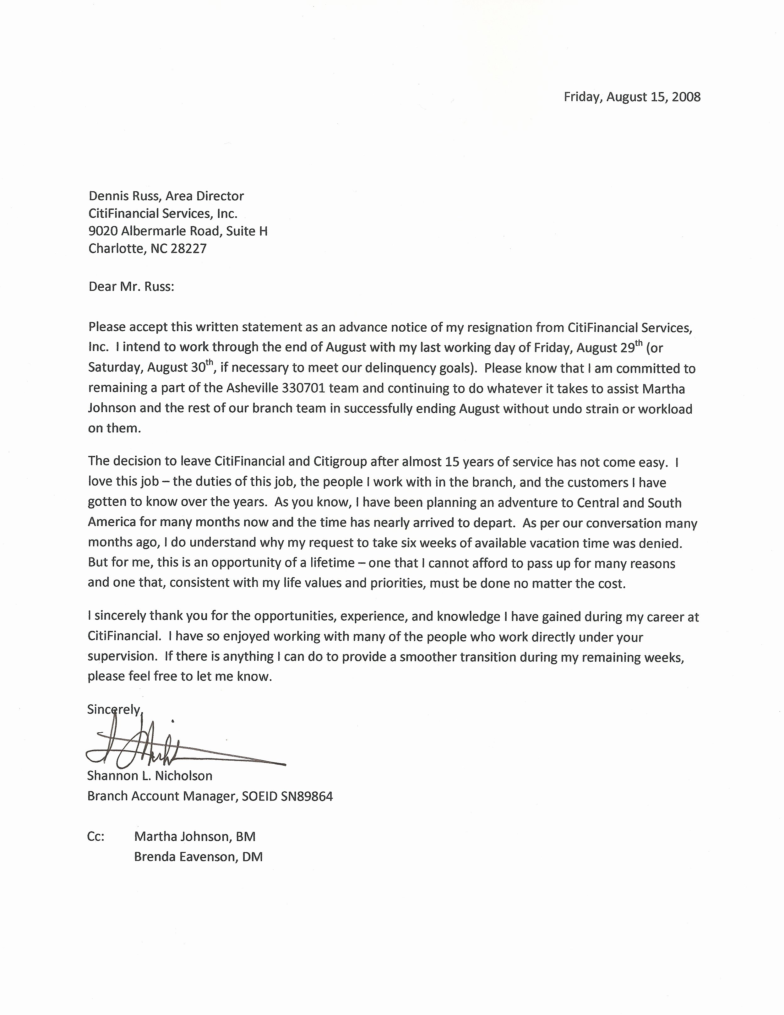 Letter Of Resignation Template With Cc Sample Resignation Letter