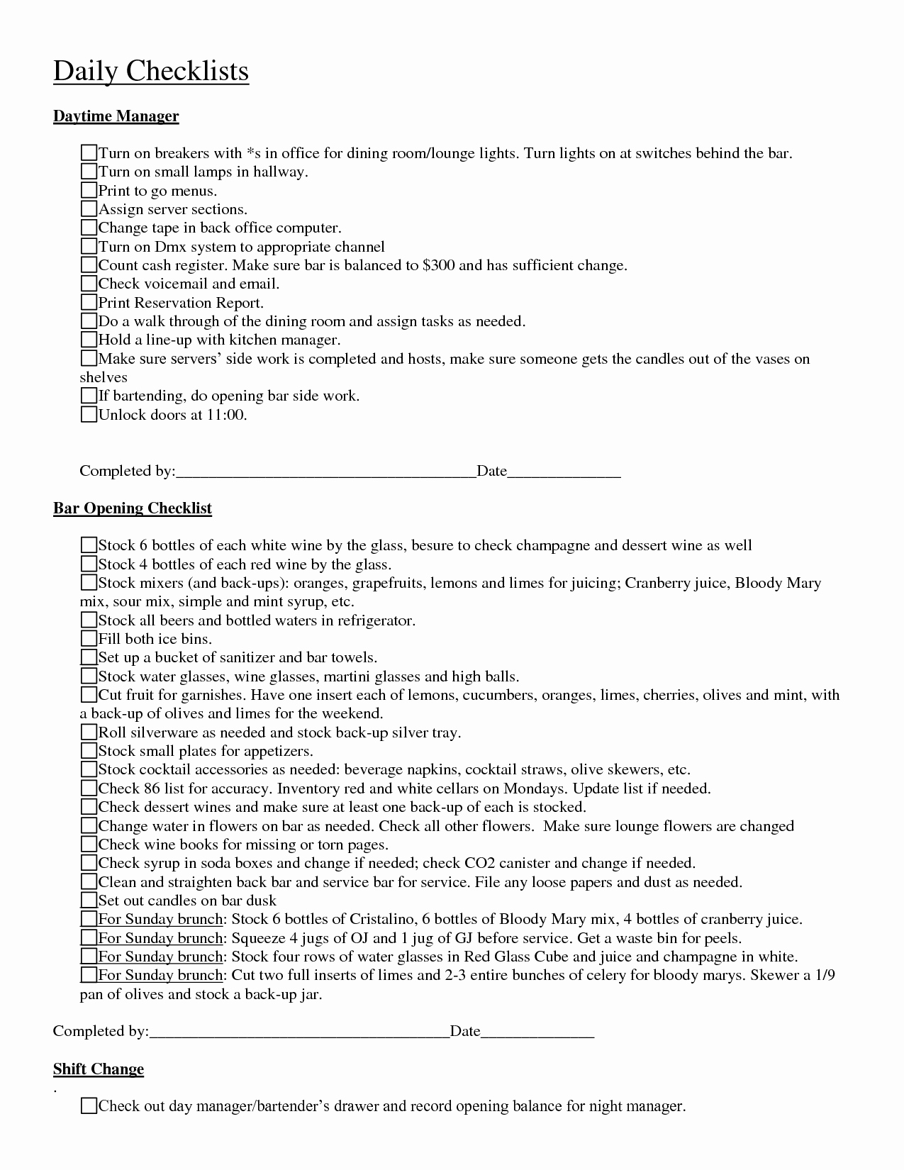 Restaurant Side Work Checklist Template Letter Example Template
