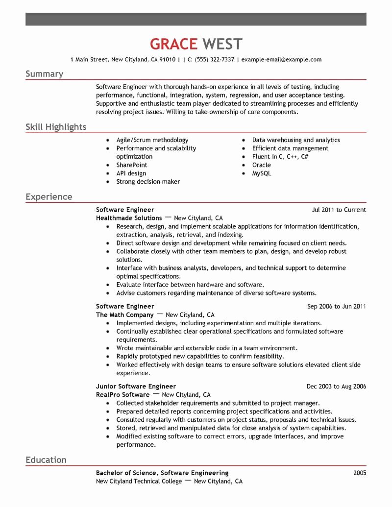 Experienced Software Engineer Resume Letter Example Template