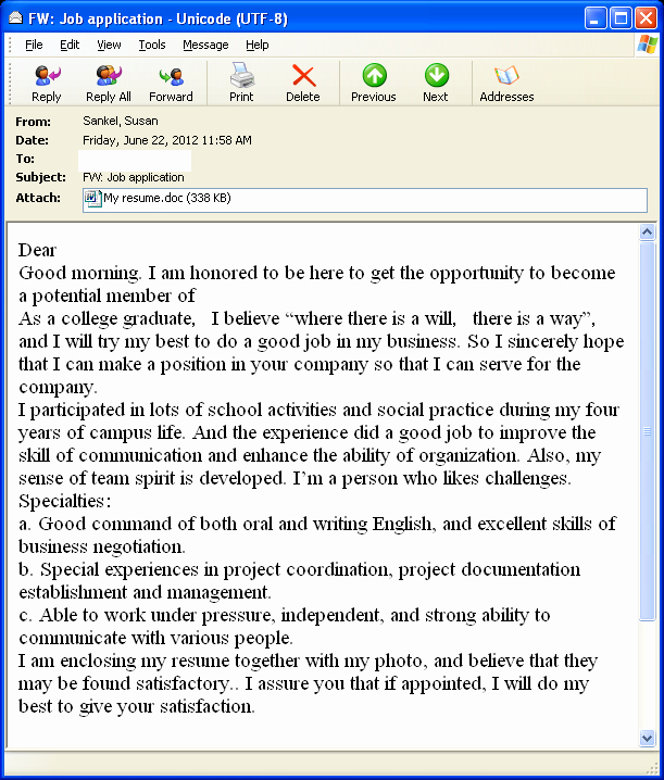 Email Body For Sending Resume
