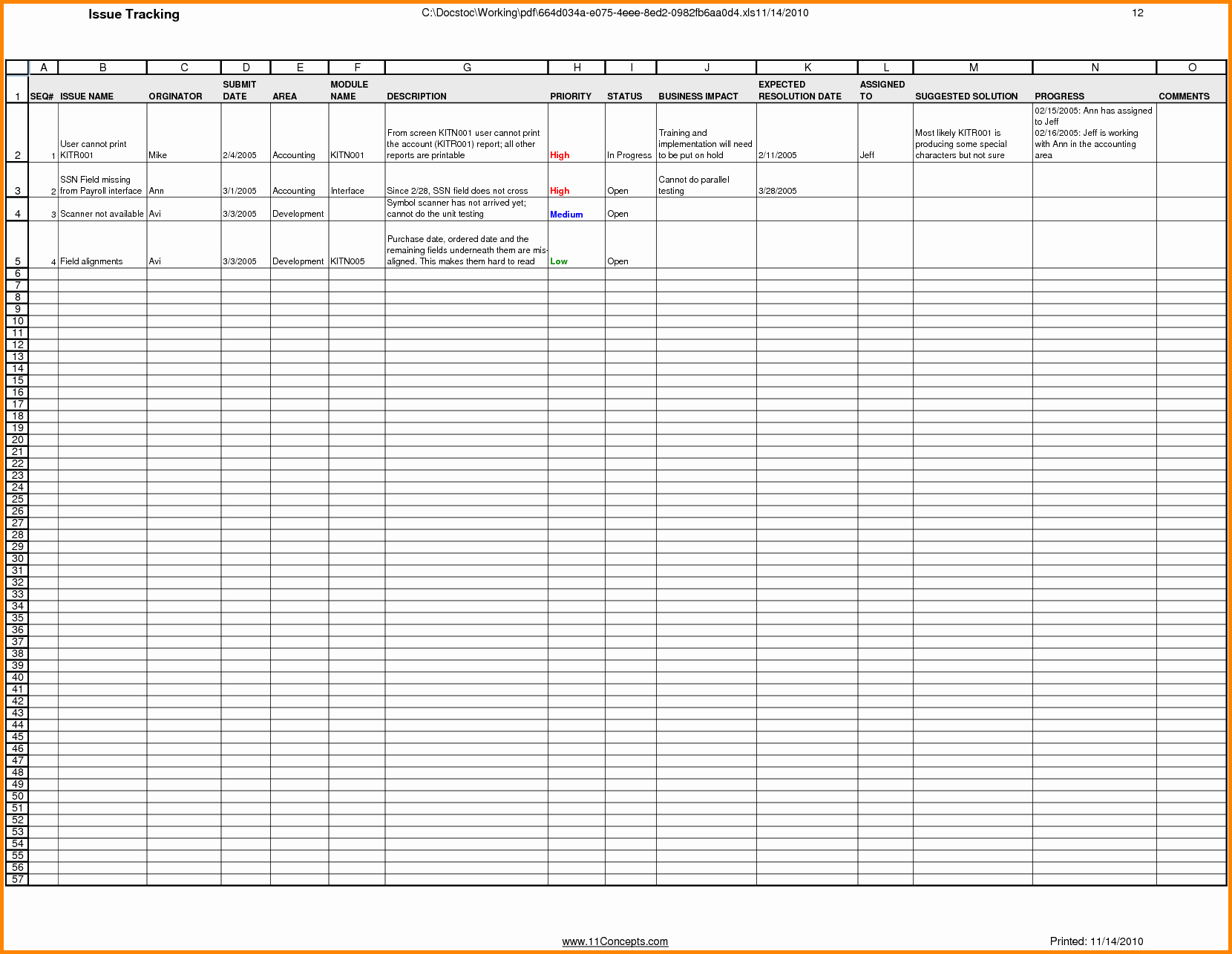 Issue Tracking Excel Template