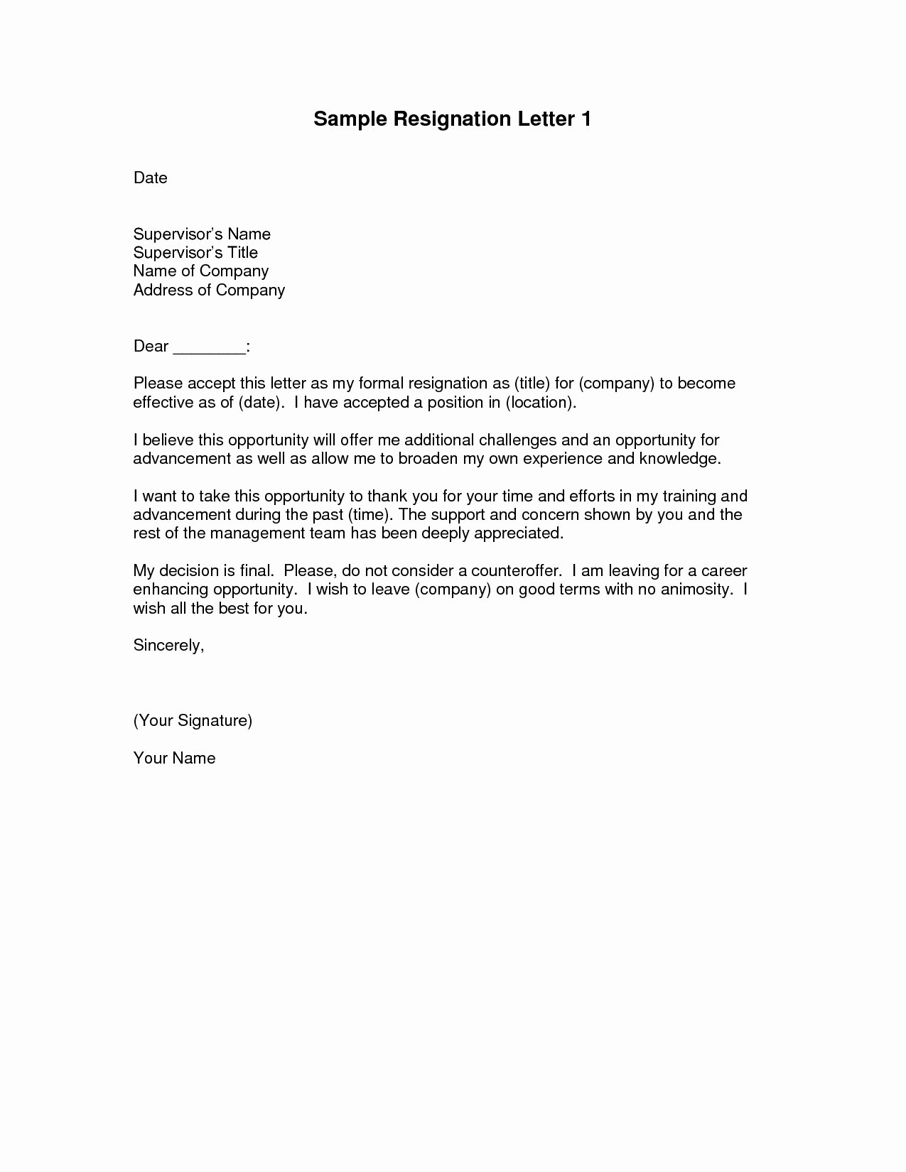 Formal Resign Letter Template