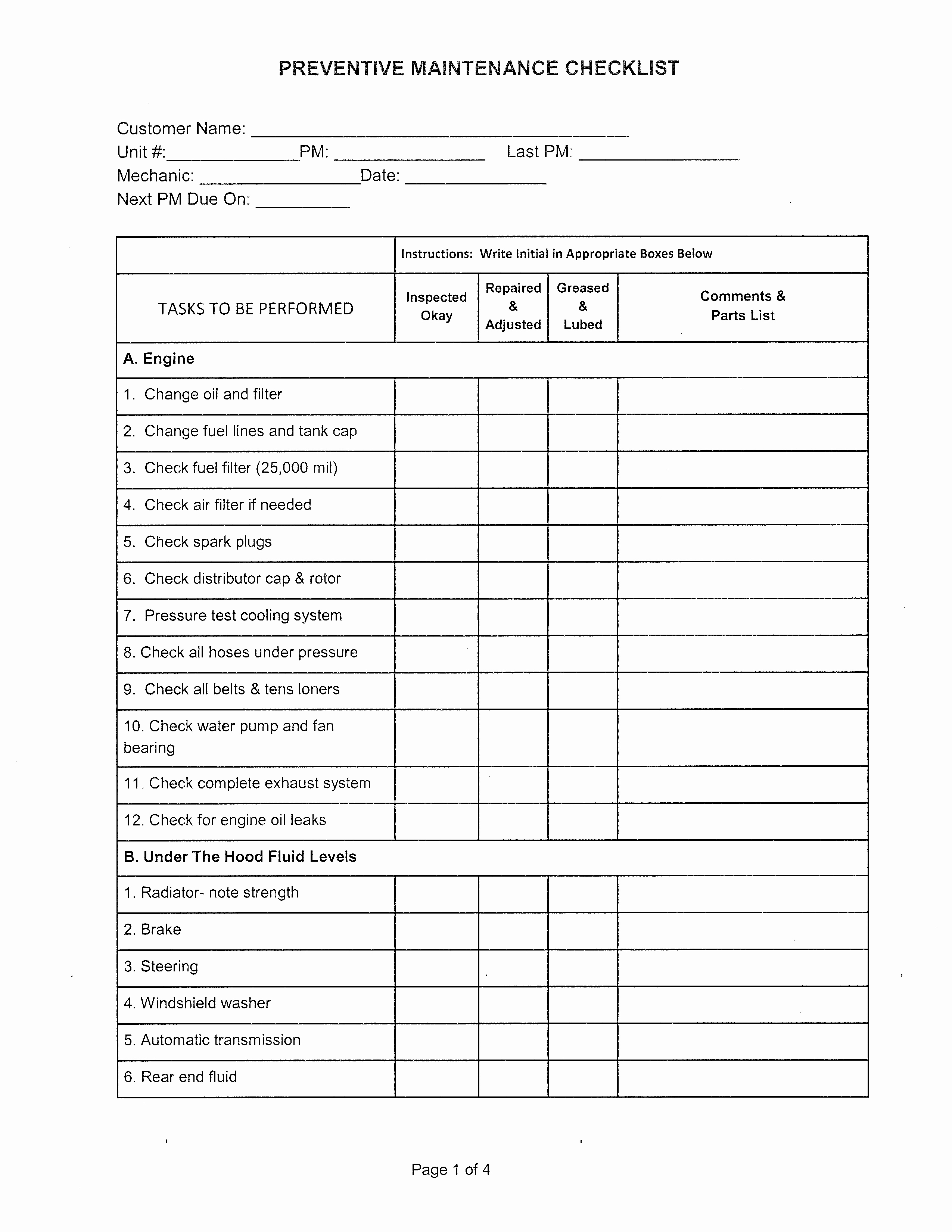 Preventative Maintenance Checklist Template