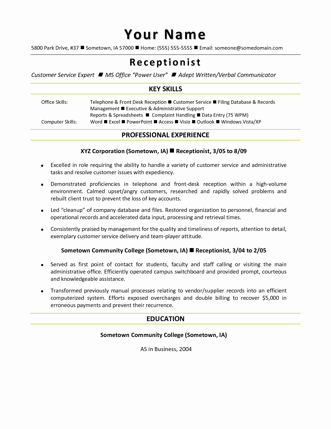 Resumes For A Receptionist