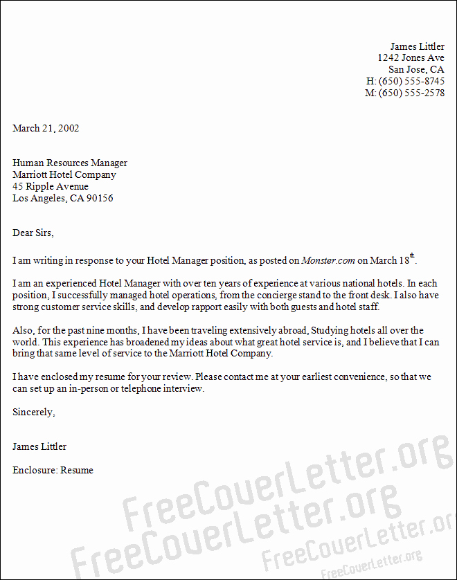 Cover Letter Hospitality Management