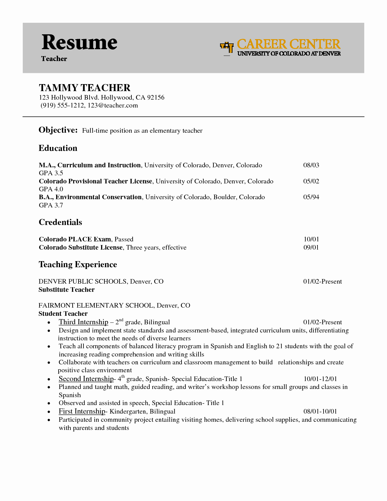 Resume For Teaching Positions Letter Example Template