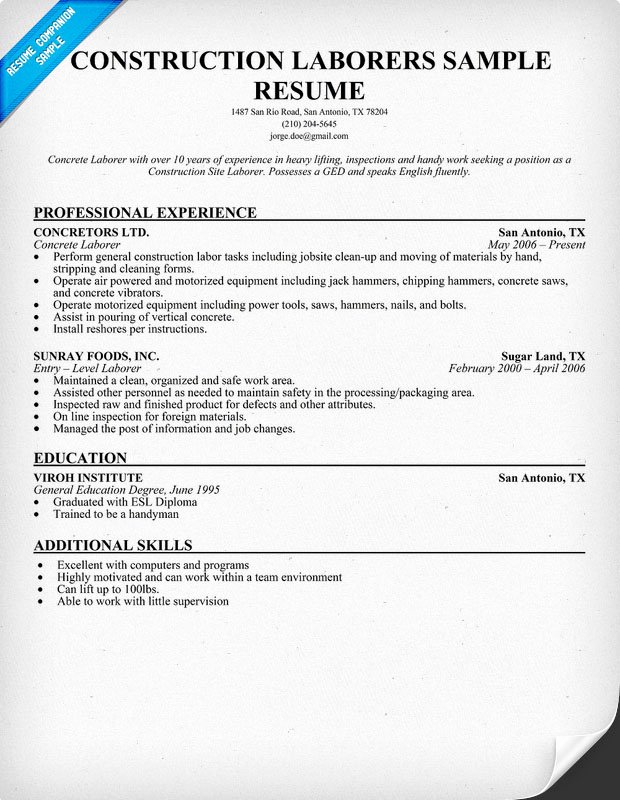 General Construction Laborer Resume