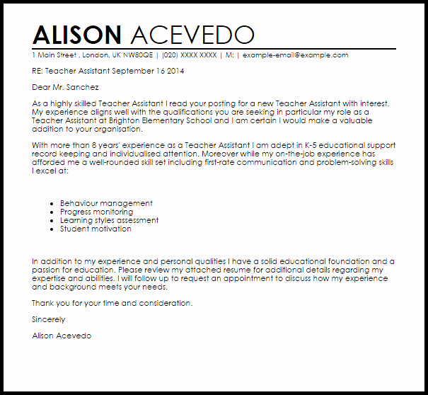 Teaching Assistant Covering Letter