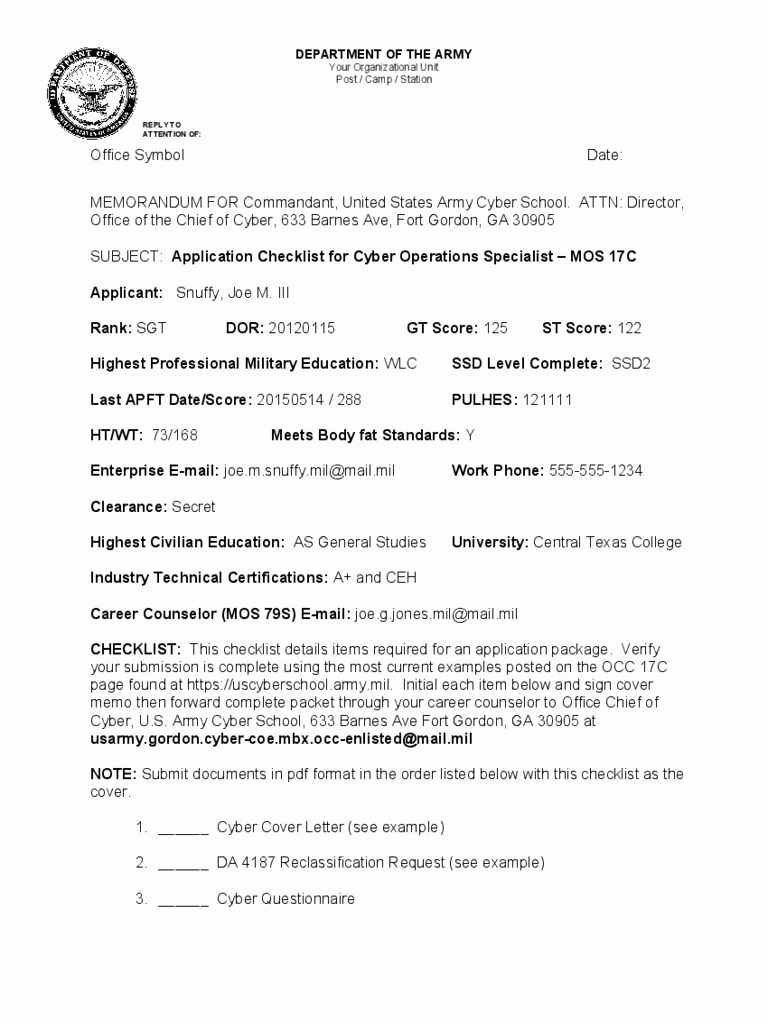 Army Memorandum For Record Template